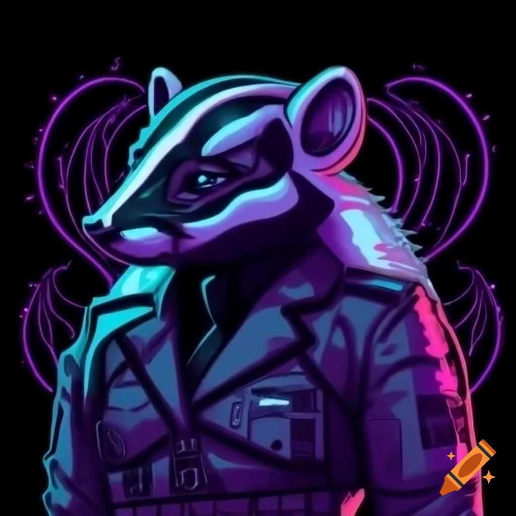 Spotted skunk in cyberpunk dystopia with military uniform in neon ...