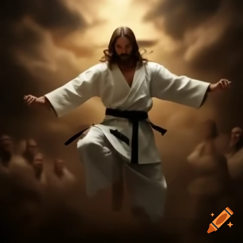 Jesus performing a karate crane kick on Craiyon