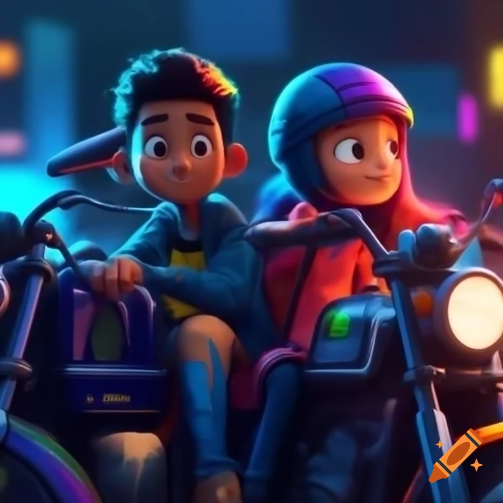 Children with rainbow hair riding high tech motorcycles on Craiyon