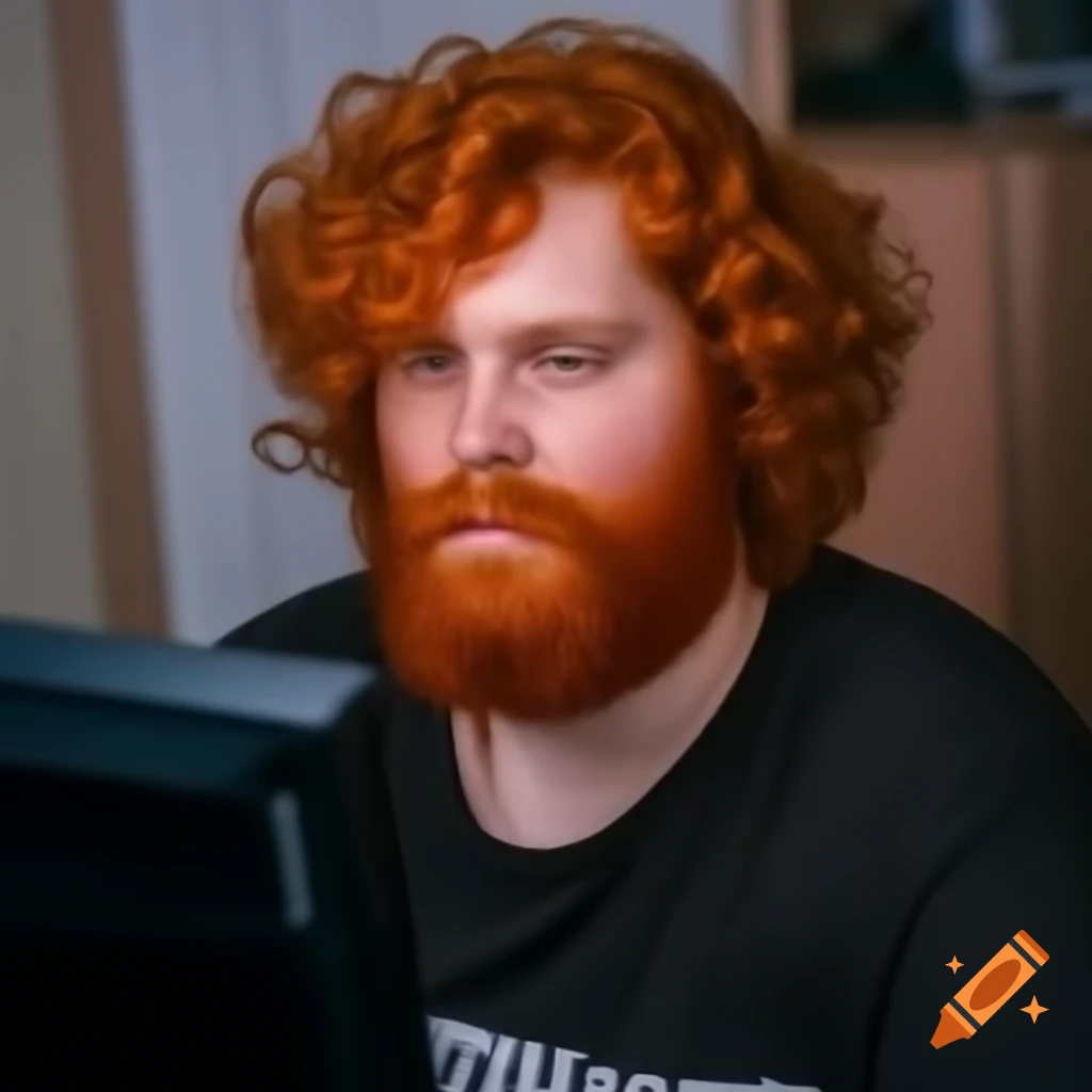 Caucasian male with curly ginger hair and beard playing on a PC on Craiyon