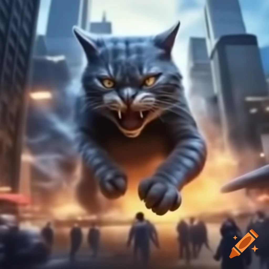 Giant cat causing chaos in a cityscape on Craiyon