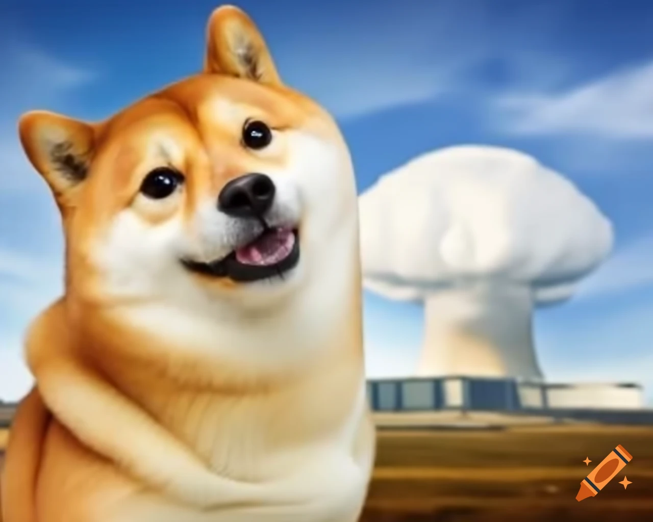Happy doge with nuclear mushroom cloud background on Craiyon