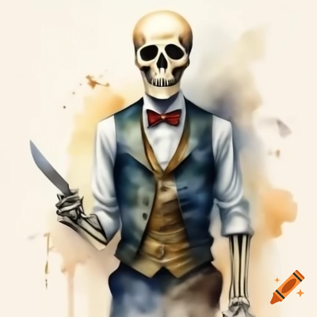 Dapper skeleton in waistcoat holding a pocket knife on Craiyon