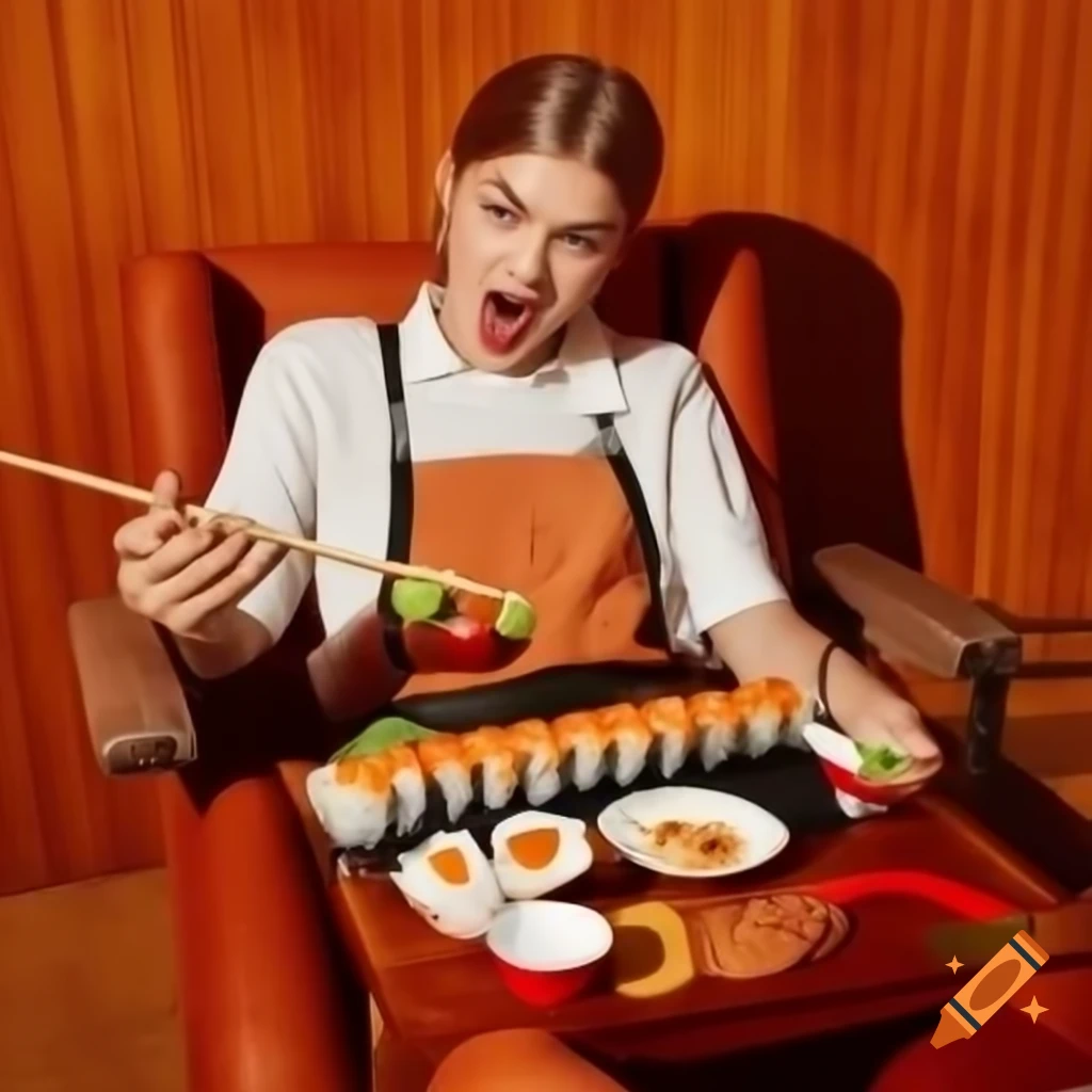 Painted scene of hands decorating sushi rolls with paint brushes. on ...