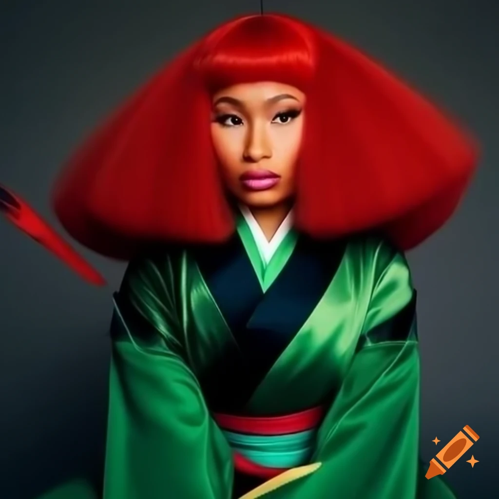 Nicki Minaj in Green Mulan costume with red curly bob hairstyle on Craiyon