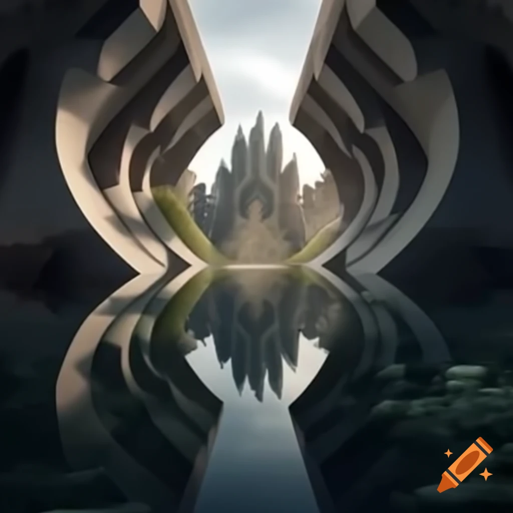 Medieval landscape blending historical elements with constructivist ...