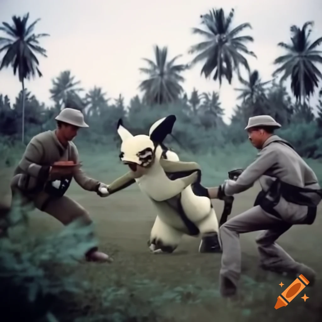 Pokémon battle in 1960s vietnam jungle setting on Craiyon