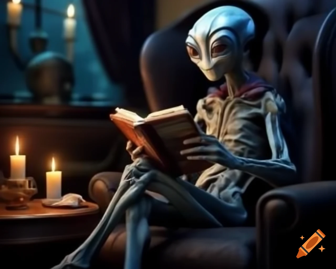 Grey alien reading a book on a chair with candlelight at night on Craiyon