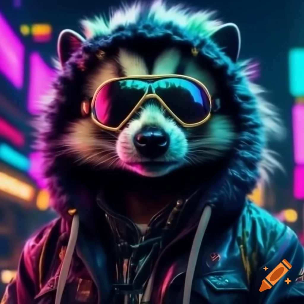 Hooded skunk in futuristic led jacket in neon dystopian setting on Craiyon