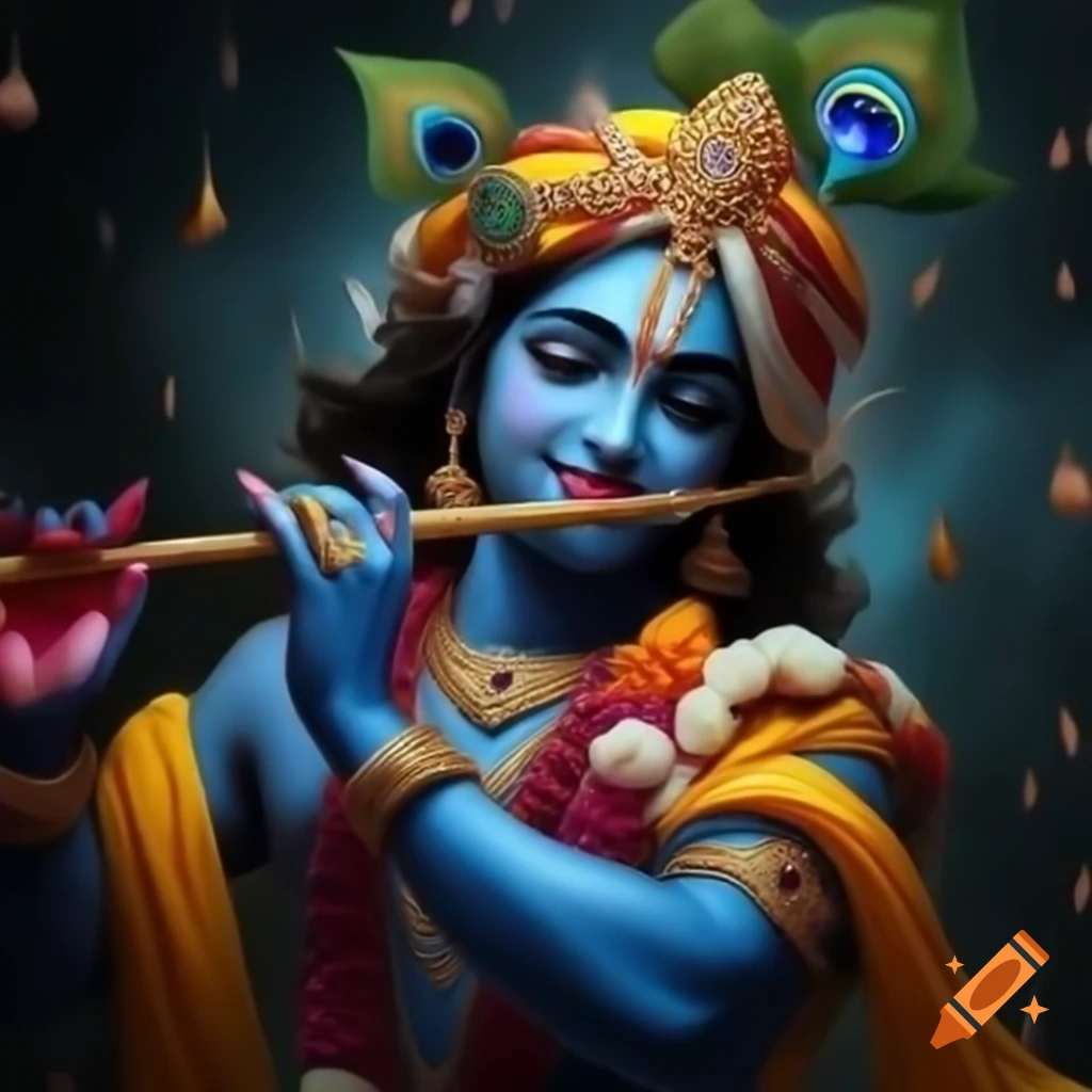Lord Krishna with dark bluish complexion and radiant smile, symbolizing ...