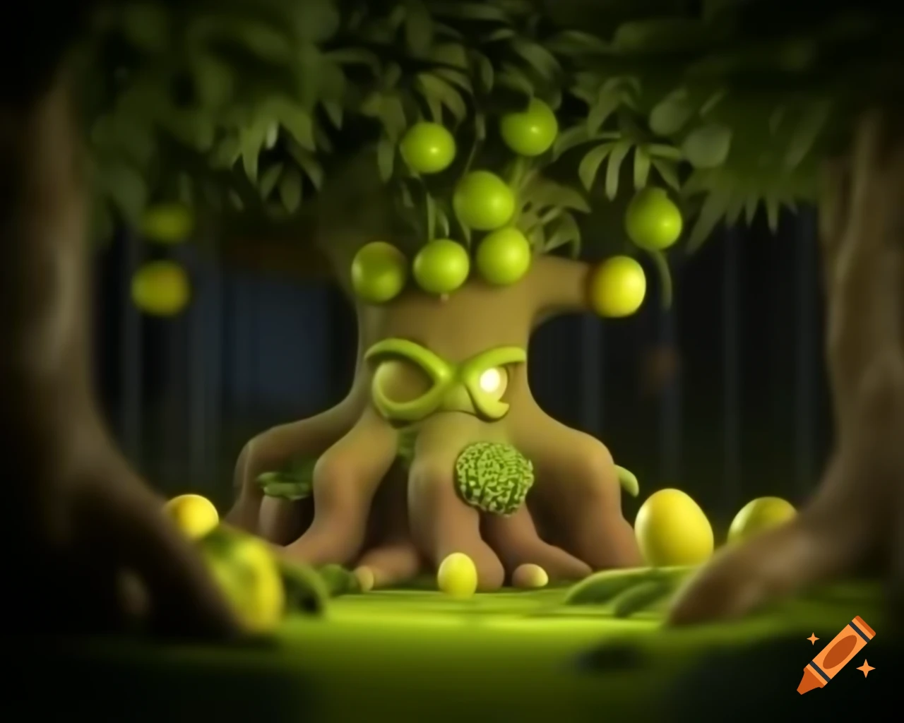 Surreal digital art of a lemon tree monster in warm hues and green on ...