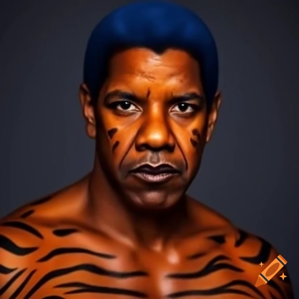 Muscular figure with tiger-style makeup, blue hair and orange skin with ...
