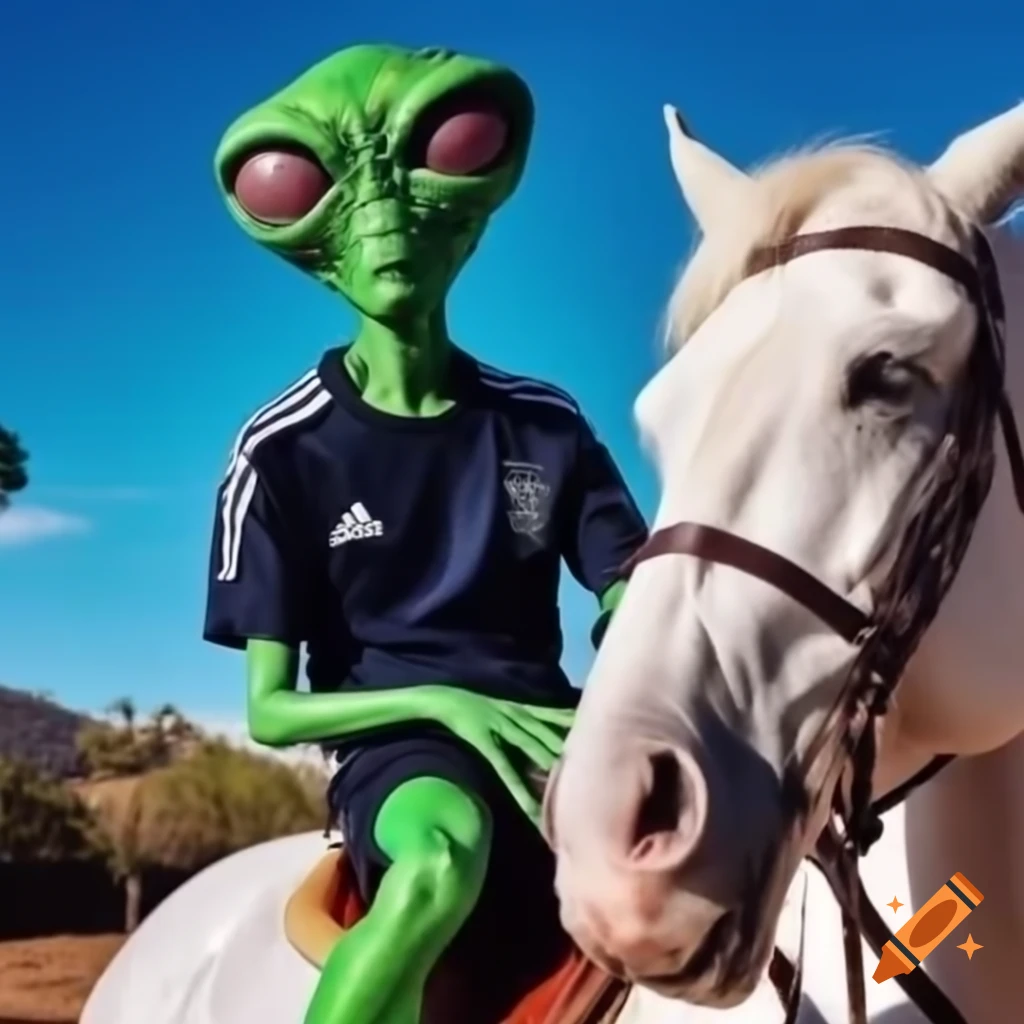 Green alien riding white horse in sunlight, wearing adidas shirt ...