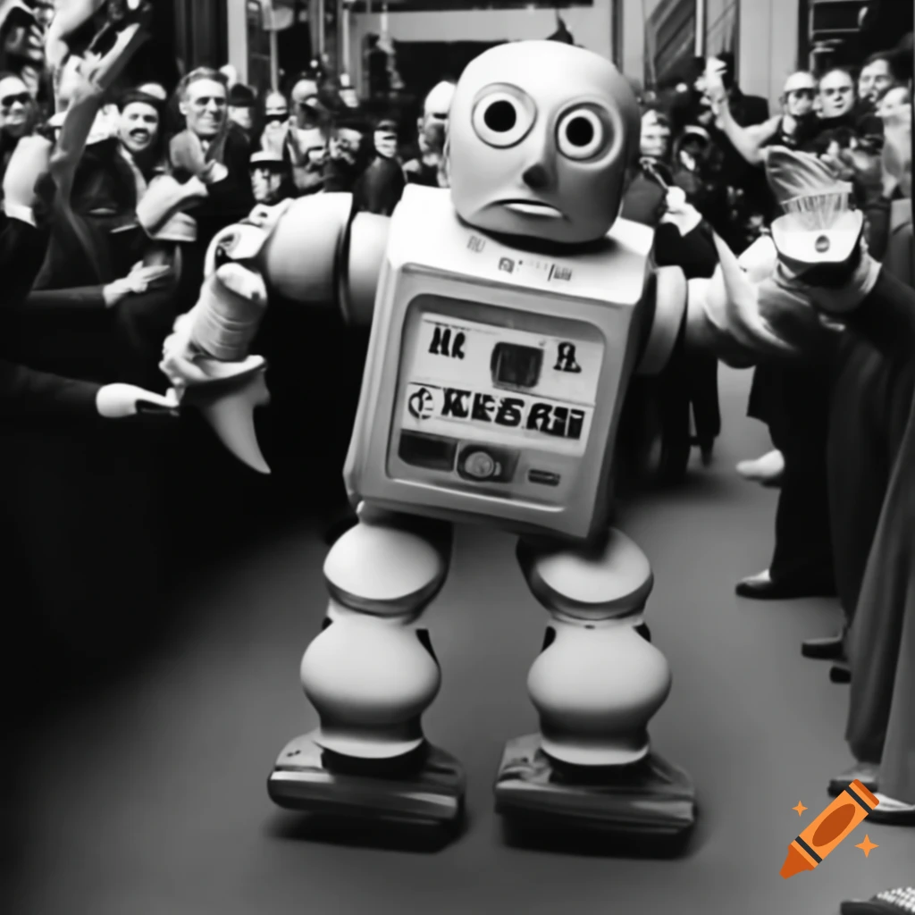 Robot break dancing in crowd, 1950s black and white movie style on Craiyon