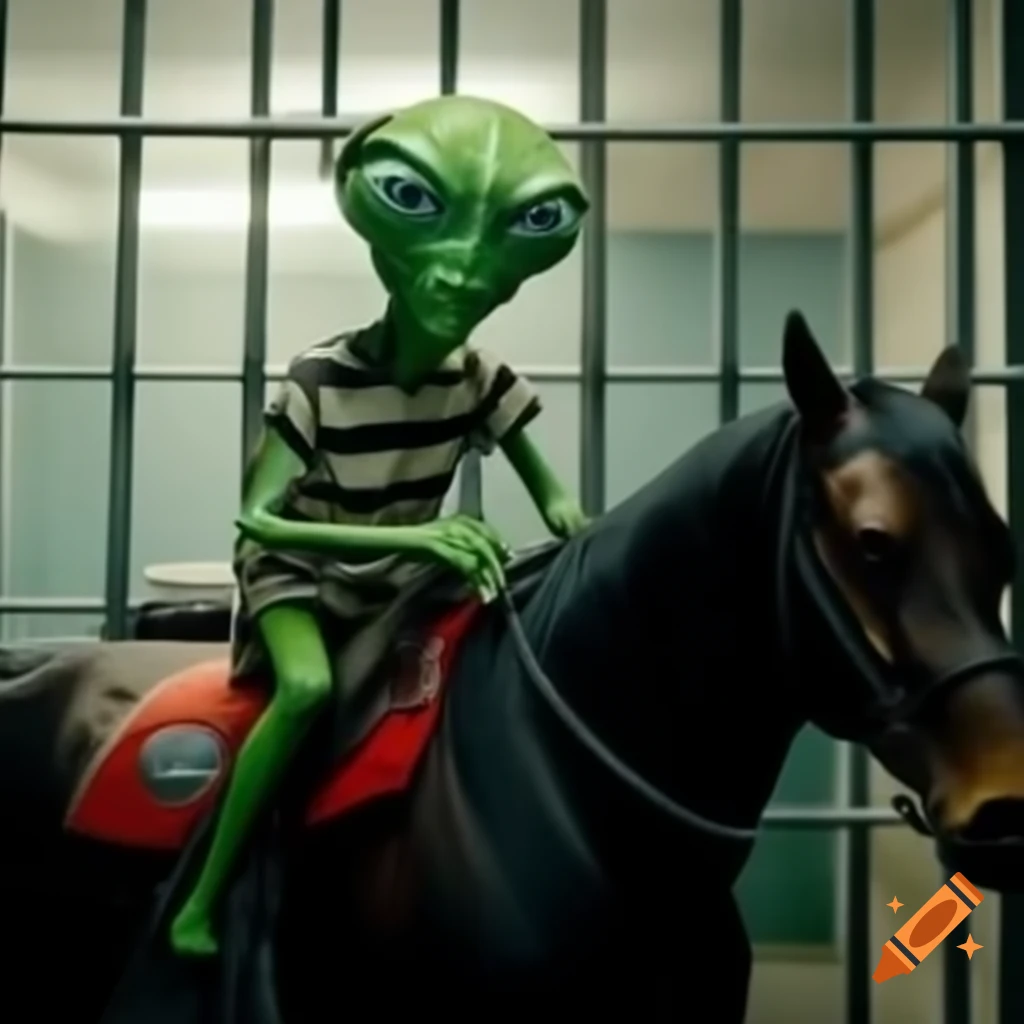 Green alien on black horse with David Duchovny in prison uniform, light ...