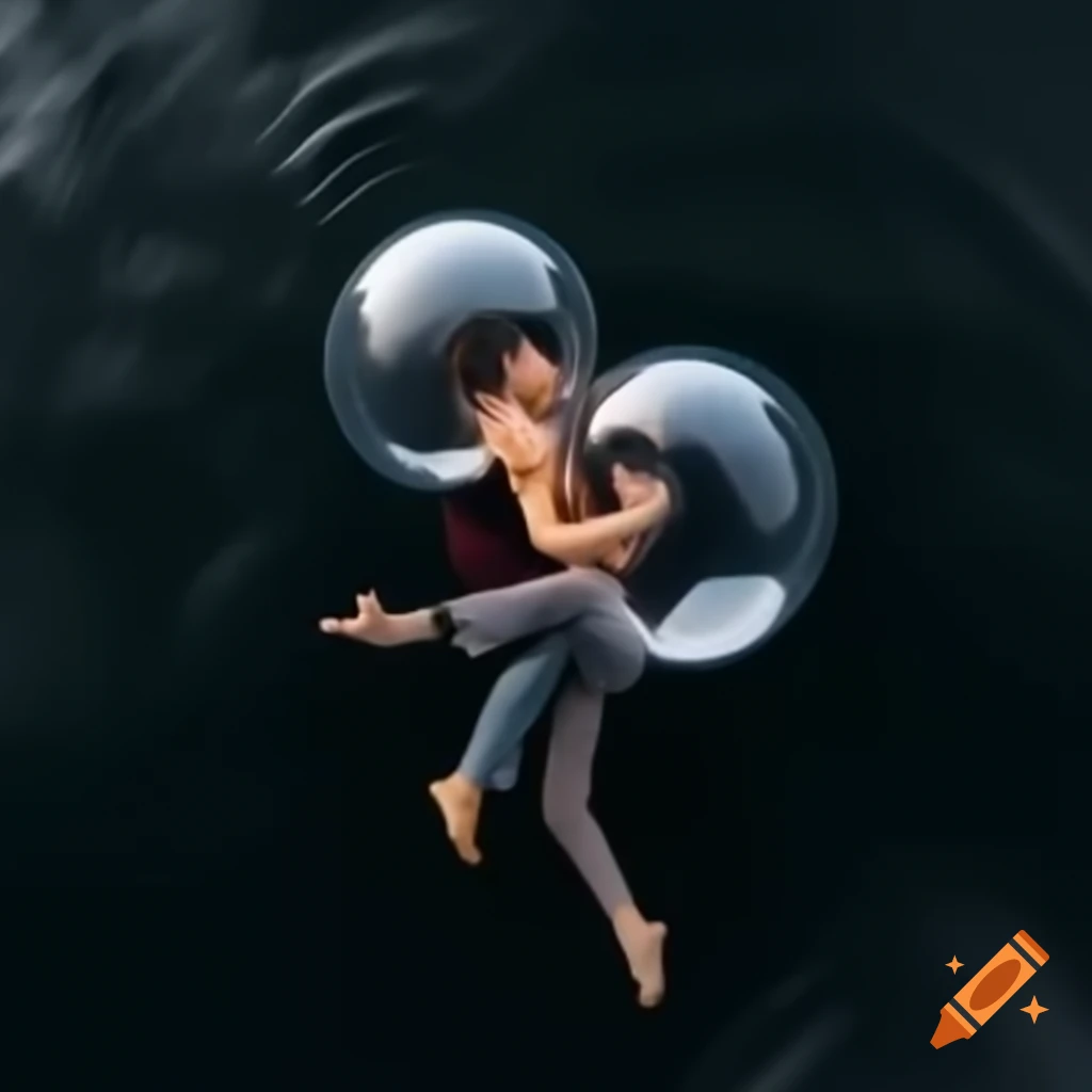 Two people embracing in oval bubble flying through dark space on Craiyon