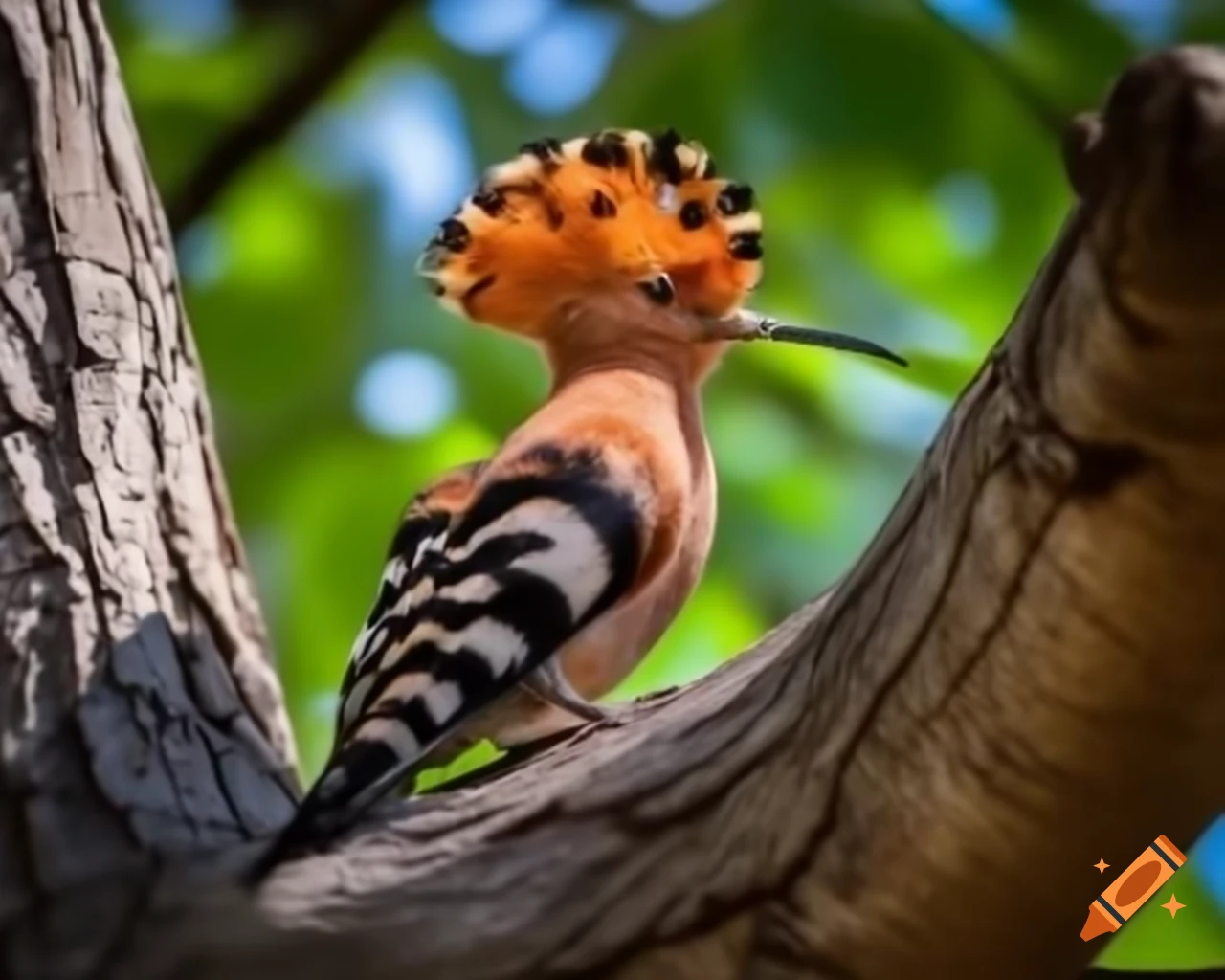 Hoopoe landing on old oak tree in dappled light on Craiyon