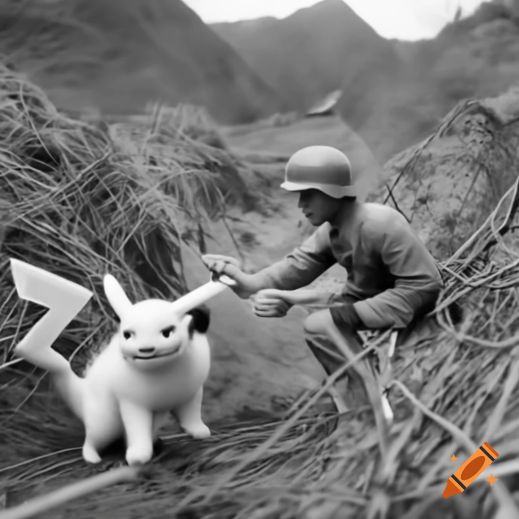Pokémon depicted in a Vietnam War scene from the 1960s on Craiyon