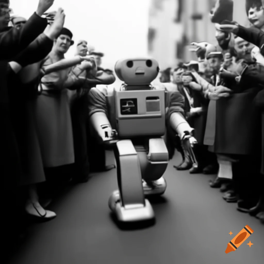 Robot break dancing in crowd in 1950s black and white movie style on ...