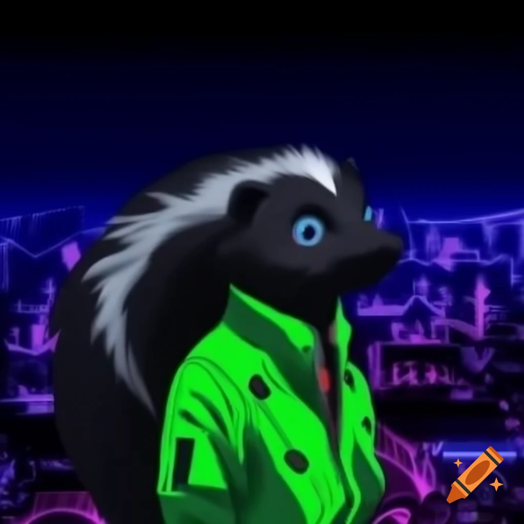 Realistic skunk in futuristic yellow jacket with leds in neon dystopian ...