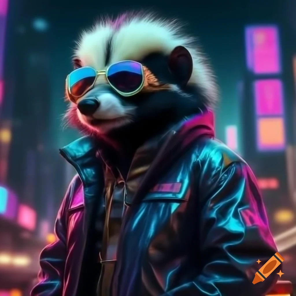 Spotted skunk in futuristic metallic jacket in neon dystopian city on ...