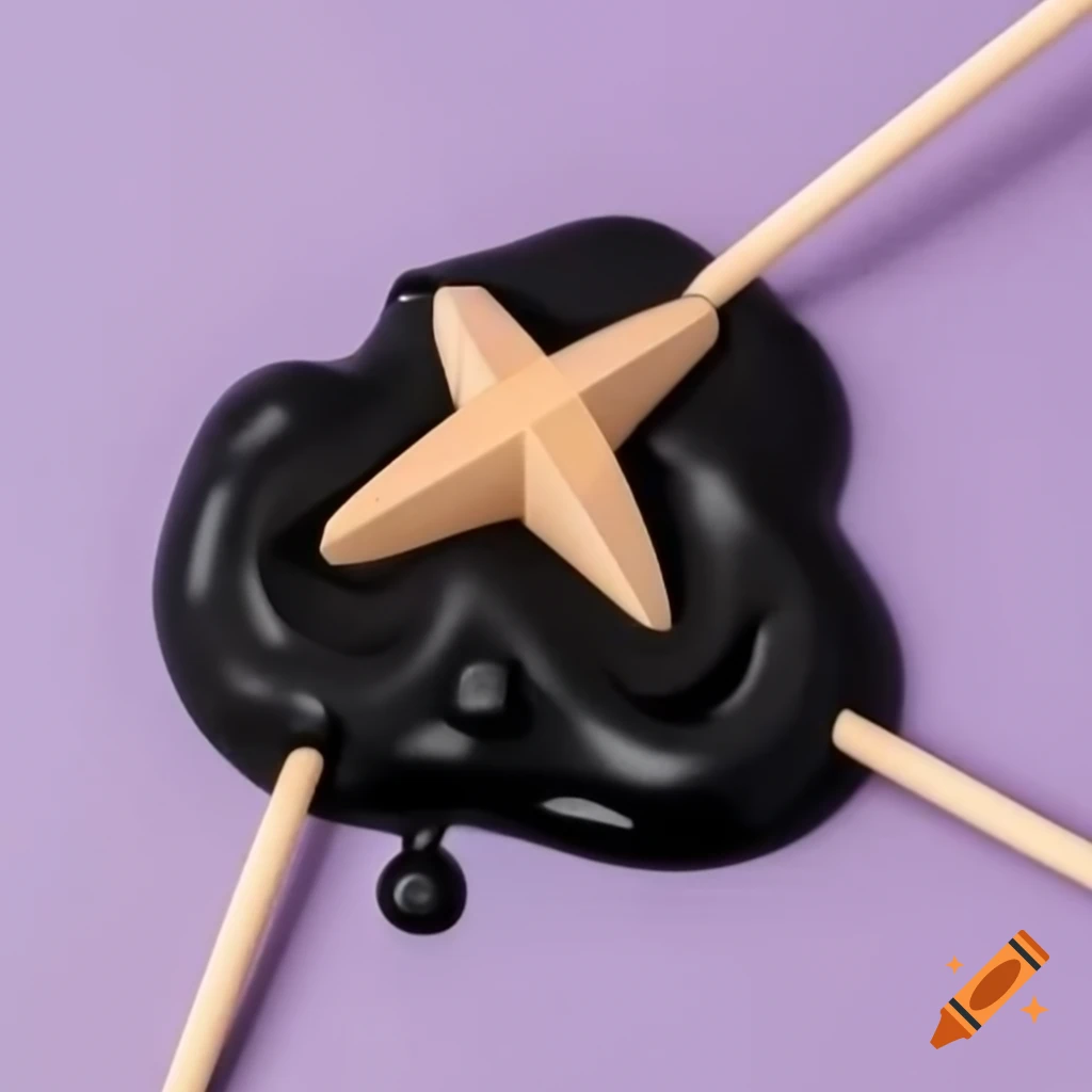 Broken star-shaped wheel toy covered in black slime with wooden shafts ...