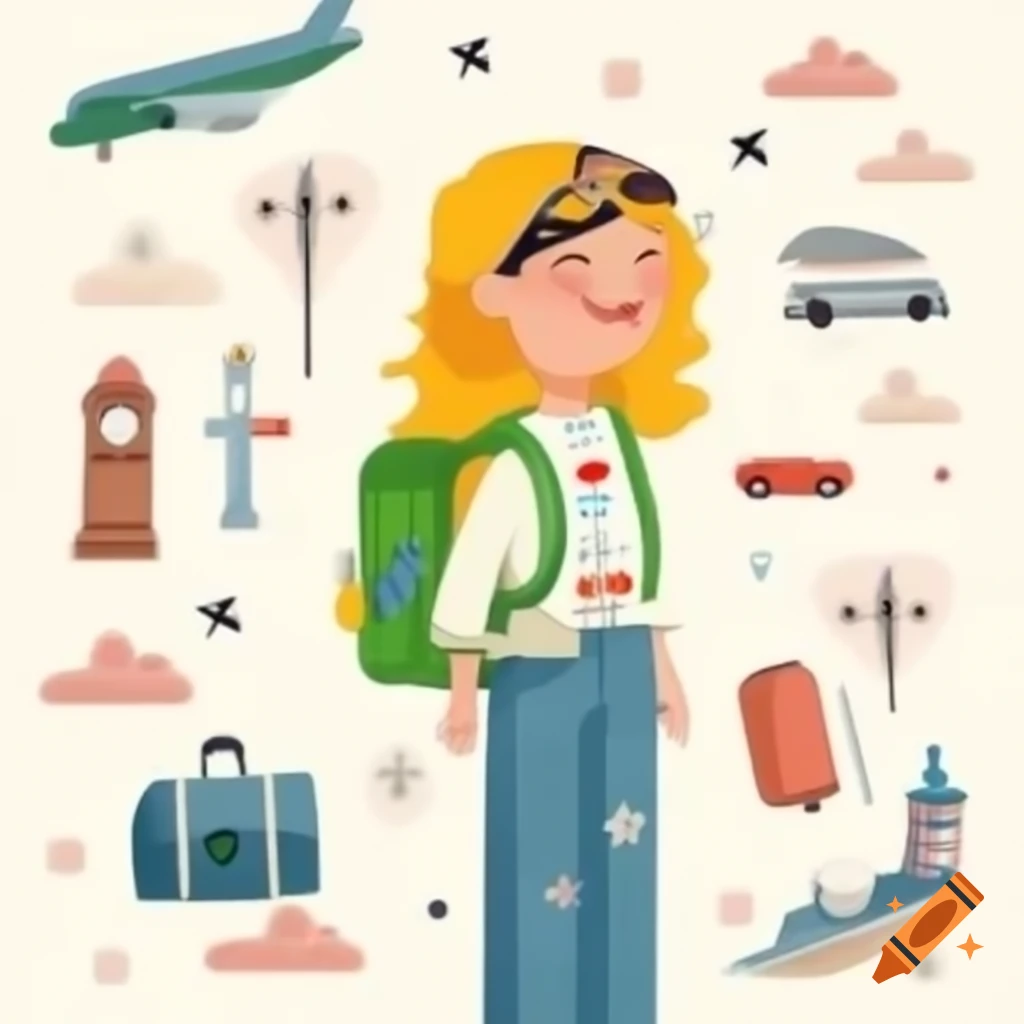 Cartoon travel themed illustration featuring a woman on Craiyon