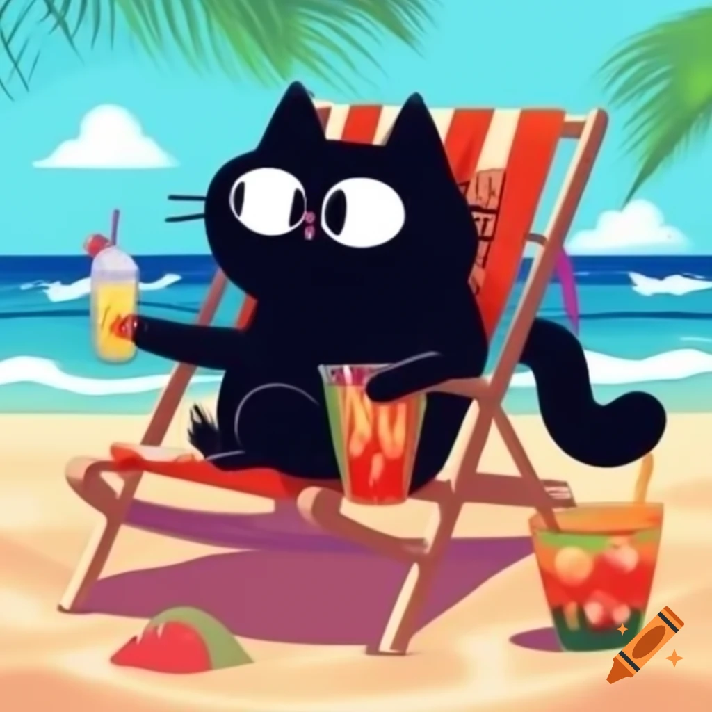 Cartoon black cat relaxing in beach chair with cocktail on Craiyon