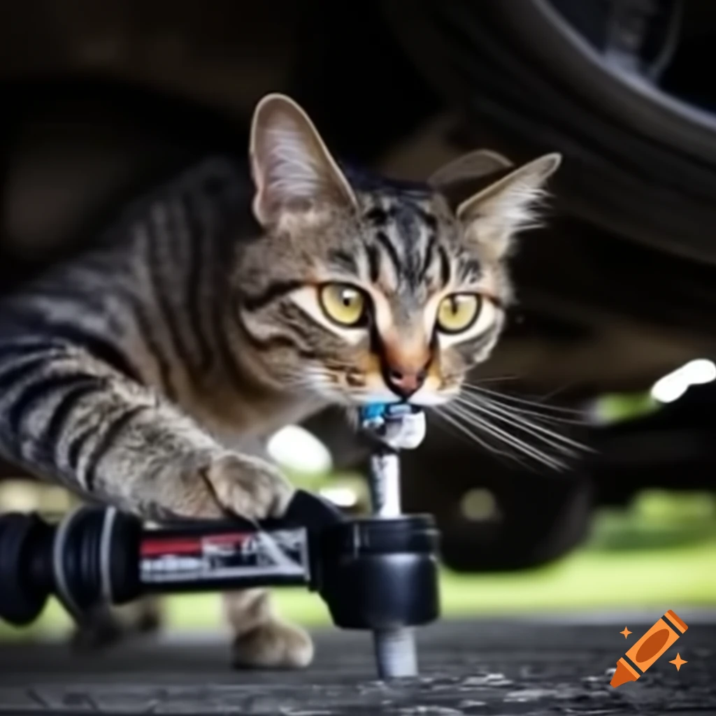 Tabby cat repairing car suspension with a wrench, highly detailed on ...