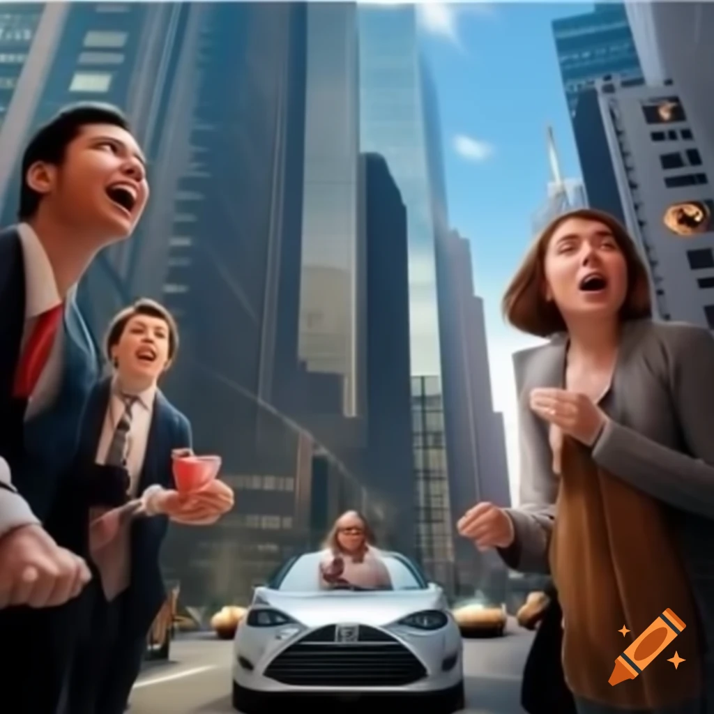 Modern city scene with people and cars featuring doge logo, bitcoin ...