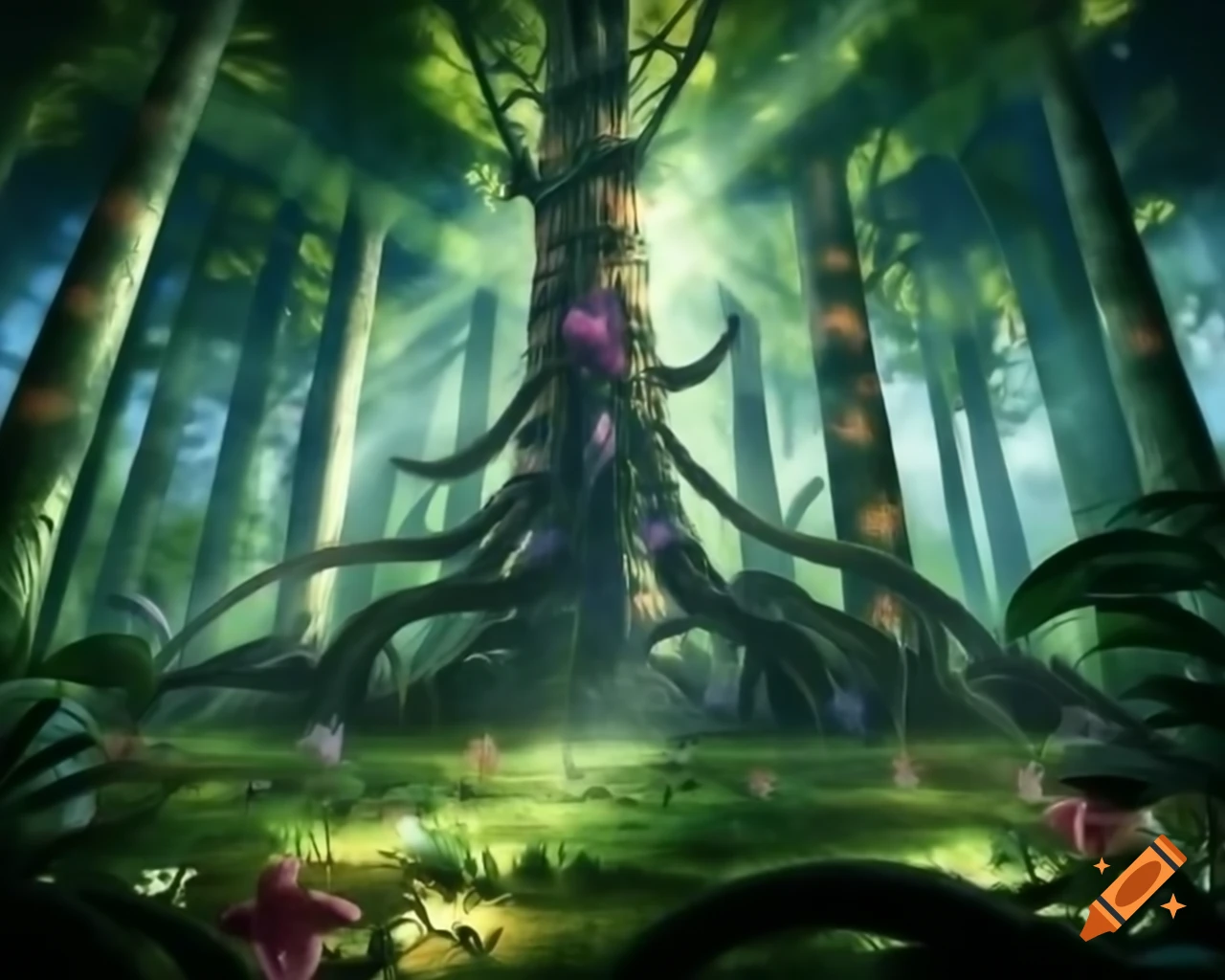 Dense forest with towering trees and vibrant plants reaching for ...