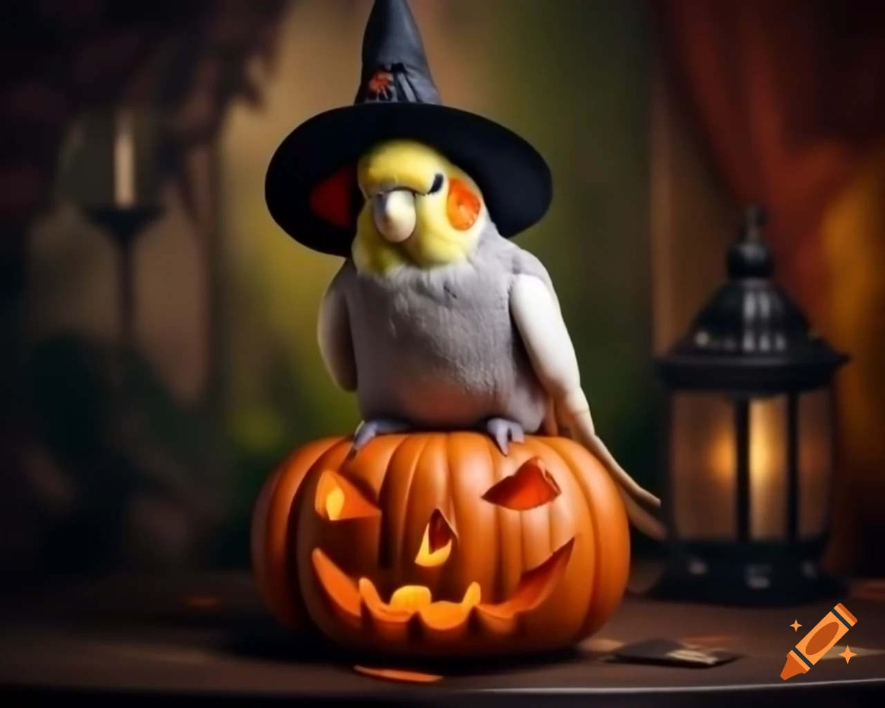 Cockatiel with witch's hat on a grinning jack-o-lantern on Craiyon