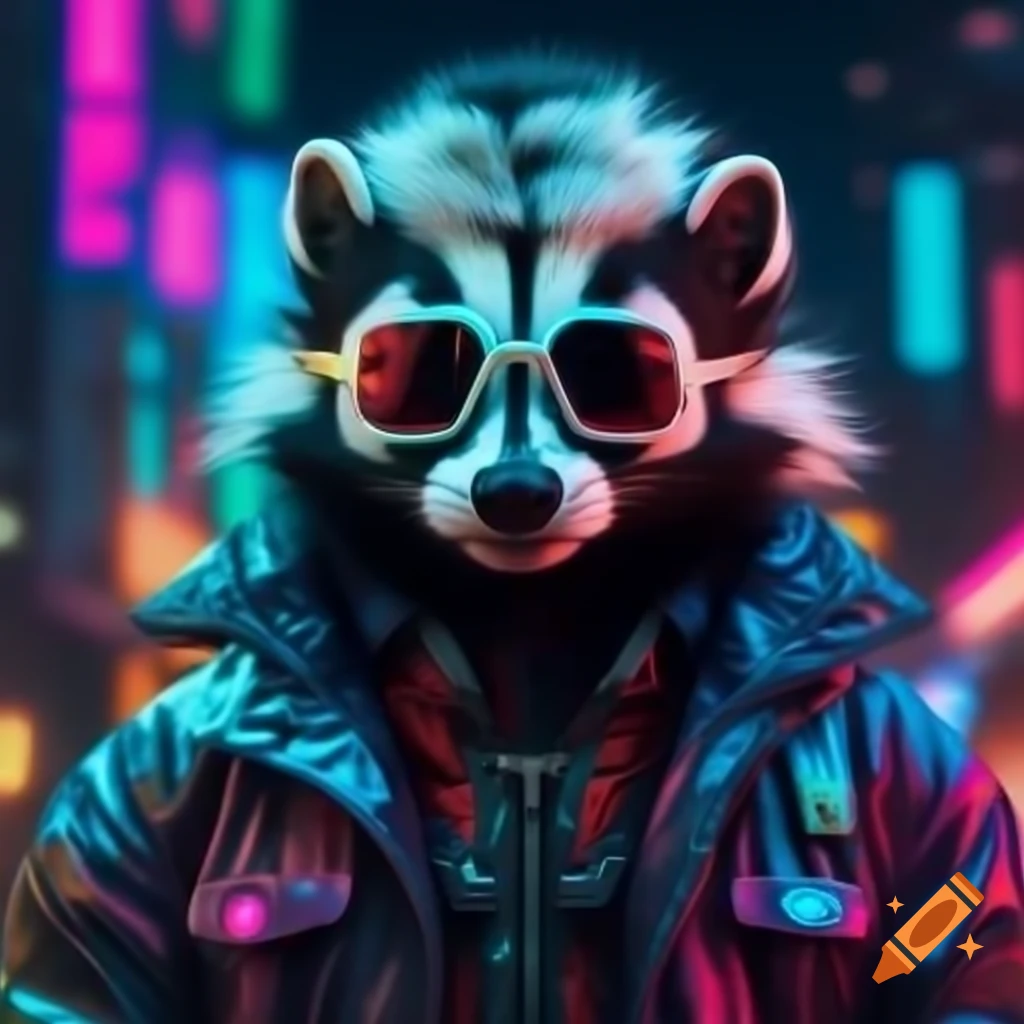 Spotted skunk in futuristic metallic jacket in neon dystopian city at ...