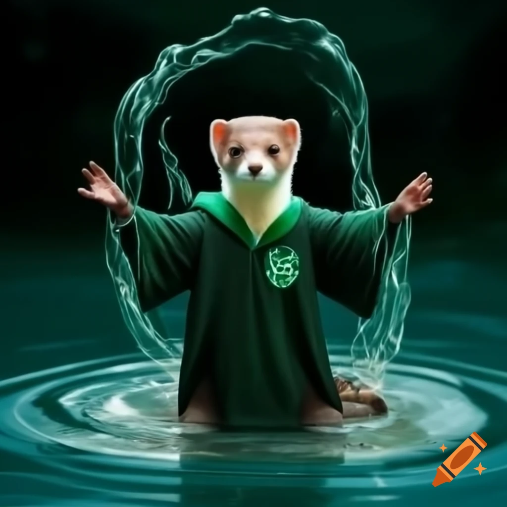 Weasel in emerald green robes representing house slytherin with playful ...