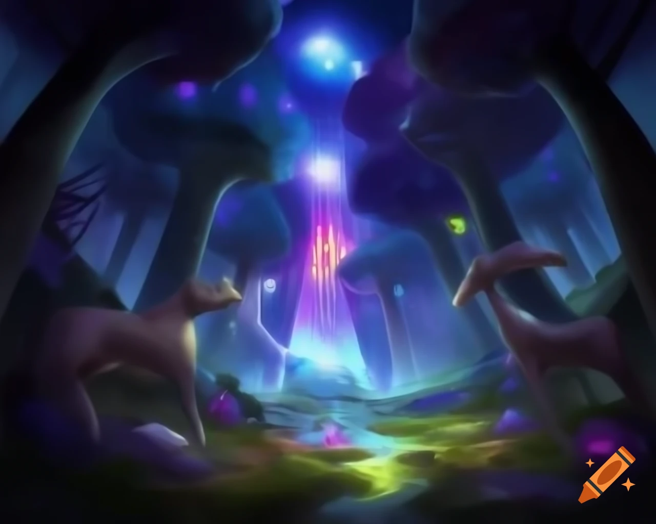 Mystical forest with mythical creatures and vibrant trees on Craiyon