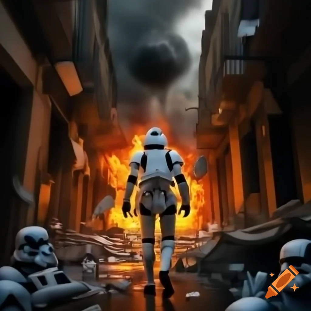 Stormtroopers seeking cover during intense explosion in narrow alley ...