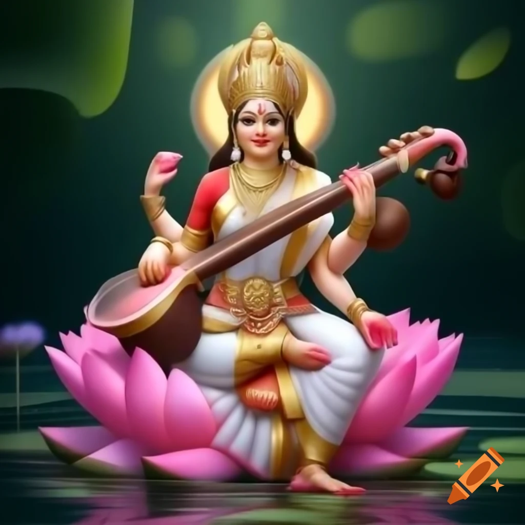 Goddess Saraswati sitting on lotus holding veena, elegant attire ...