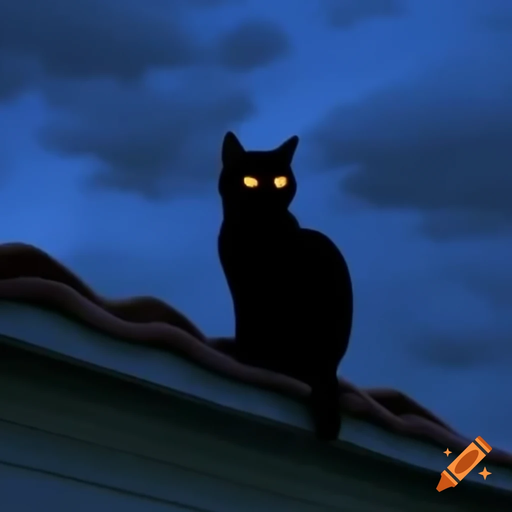 Black cat sitting on roof during twilight with moonlight and clouds on ...