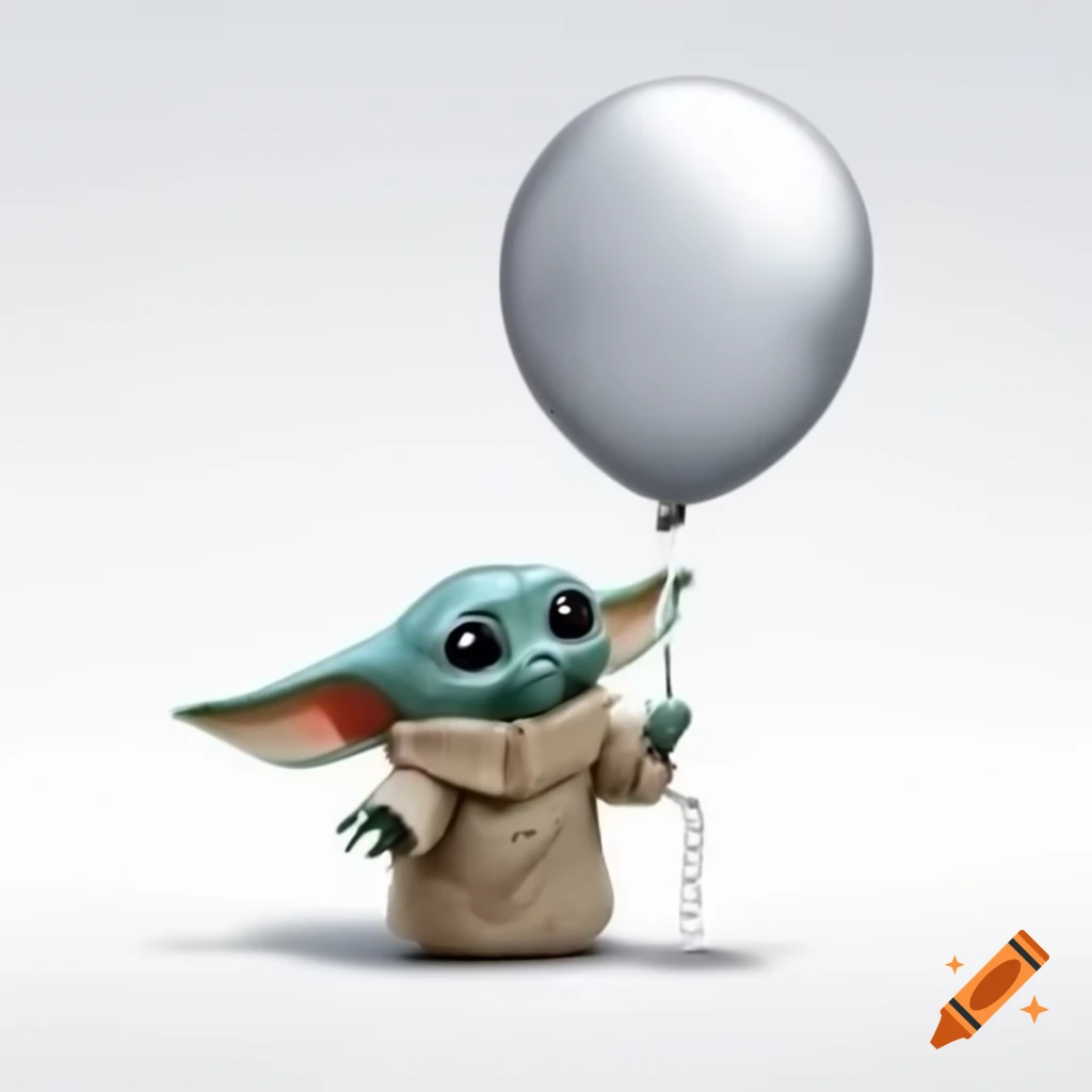 Grogu posing playfully with large silver balloon against white ...