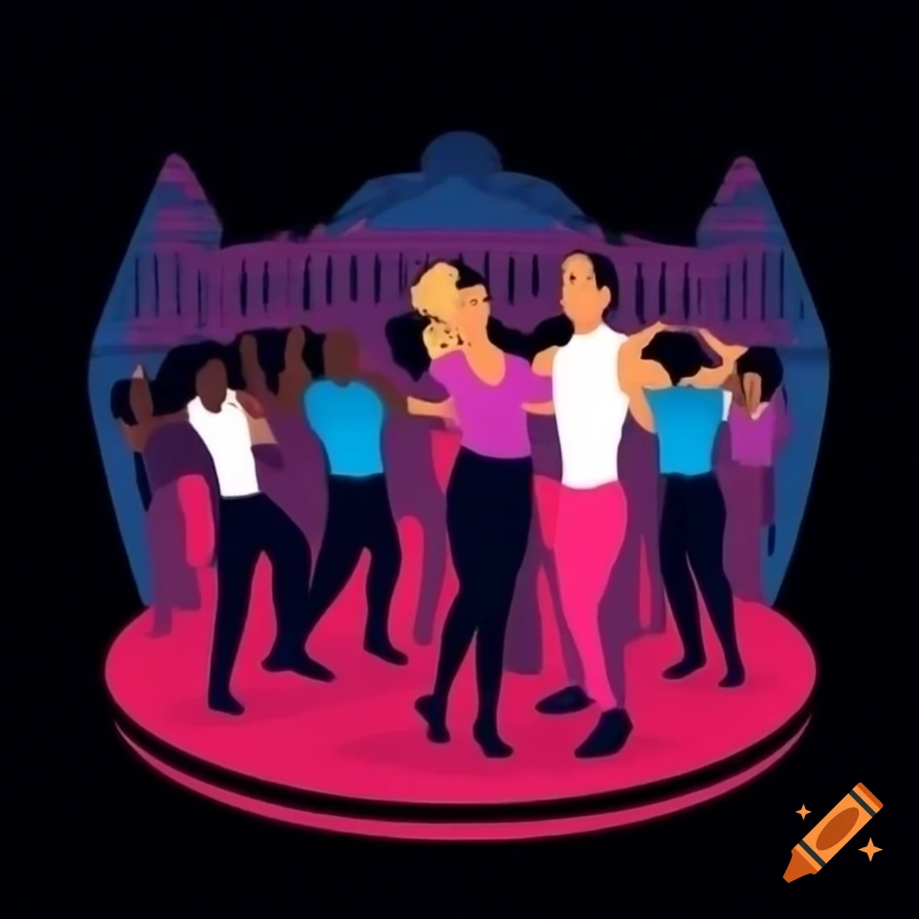 Grand ballroom scene with people dancing and a glamorous woman in a ...