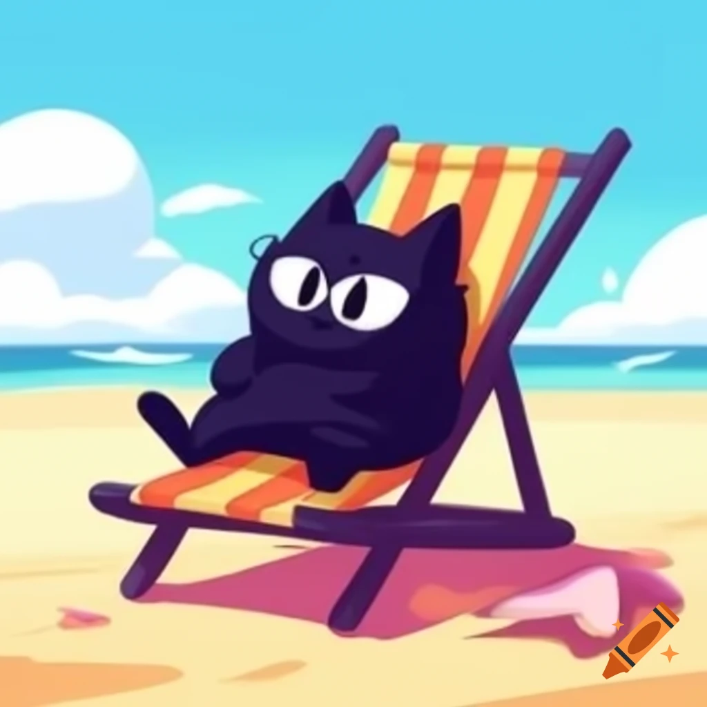 Cartoon black cat relaxing in a beach chair on Craiyon