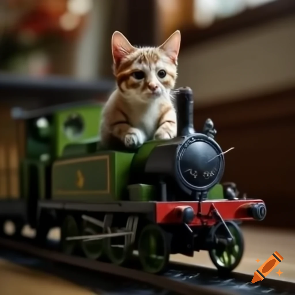 Cat riding a model train on Craiyon