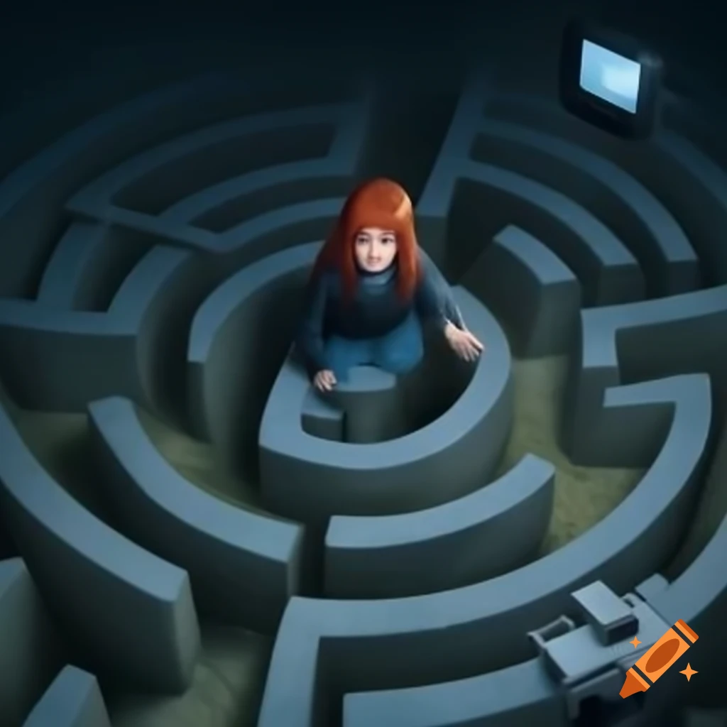 Red haired girl navigating concrete basement labyrinth seen through ...