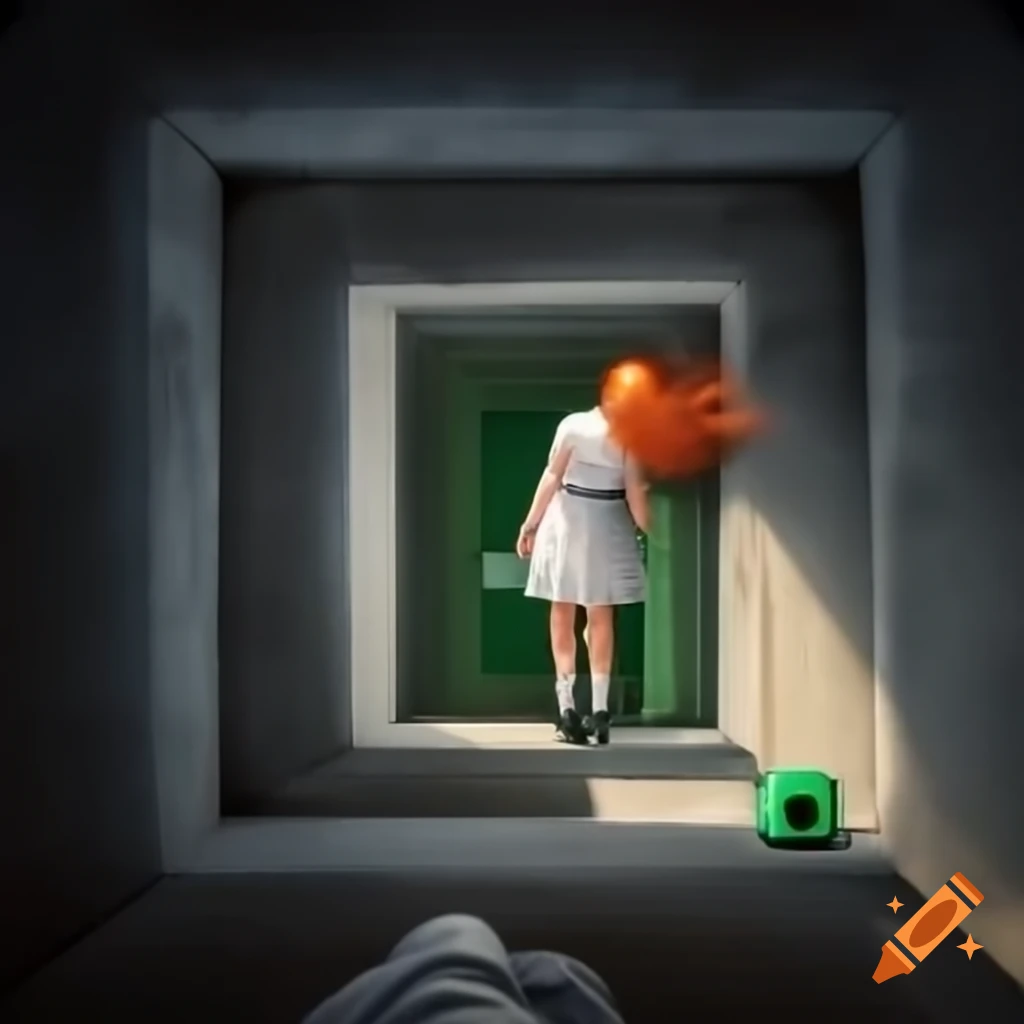 Red-haired girl in white clothing wandering through concrete basement ...