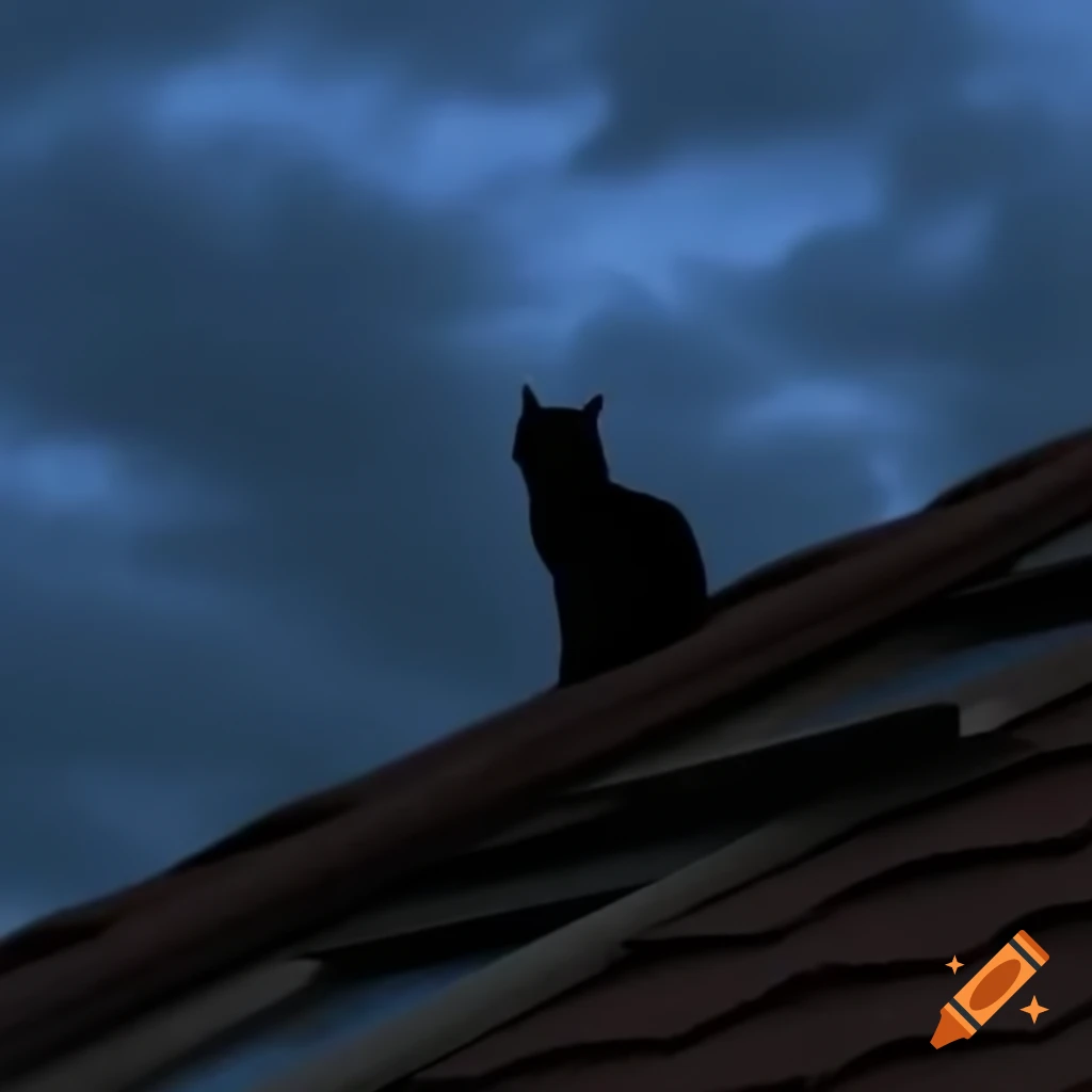 Black cat sitting on roof during twilight with moonlight and clouds on ...