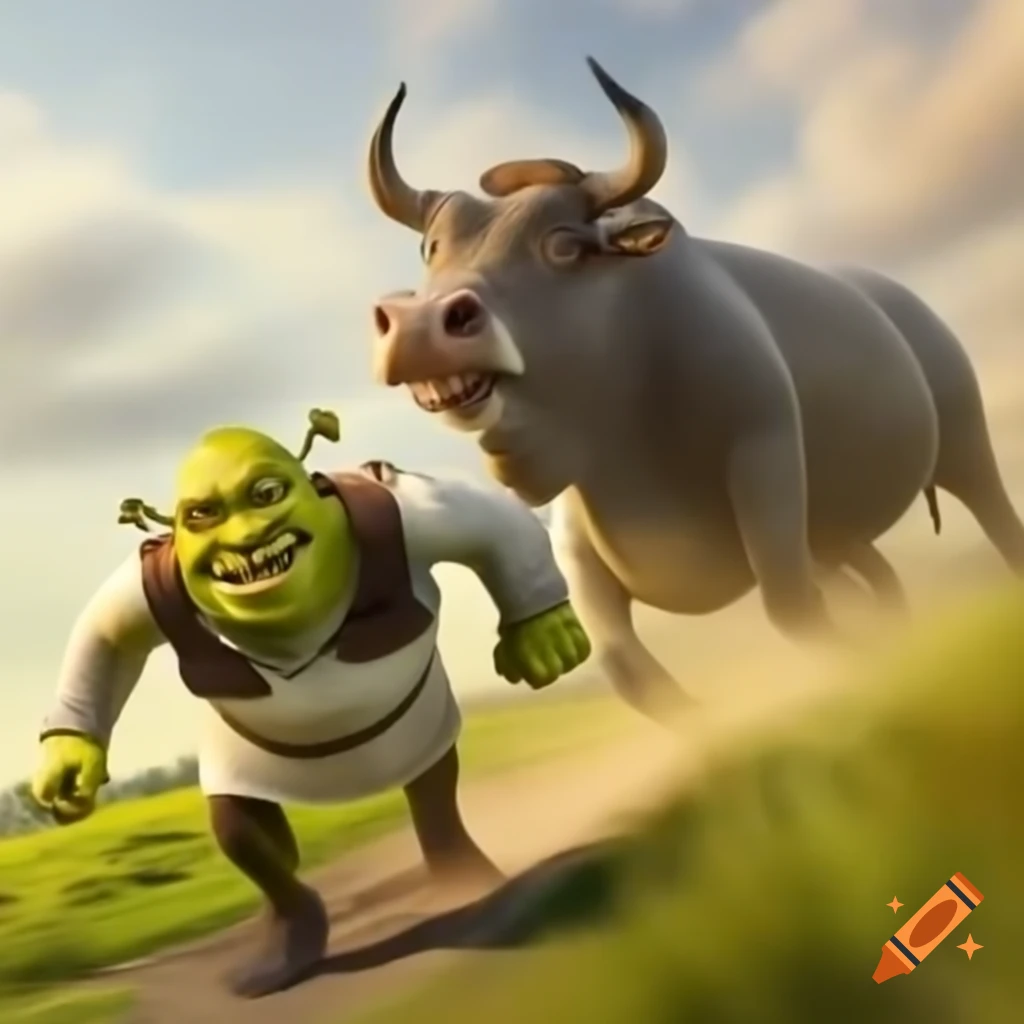 Shrek running fast while chasing a giant cow on Craiyon
