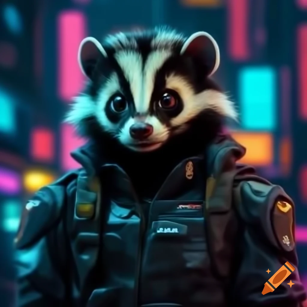Spotted skunk in cyberpunk dystopia wearing futuristic military uniform ...