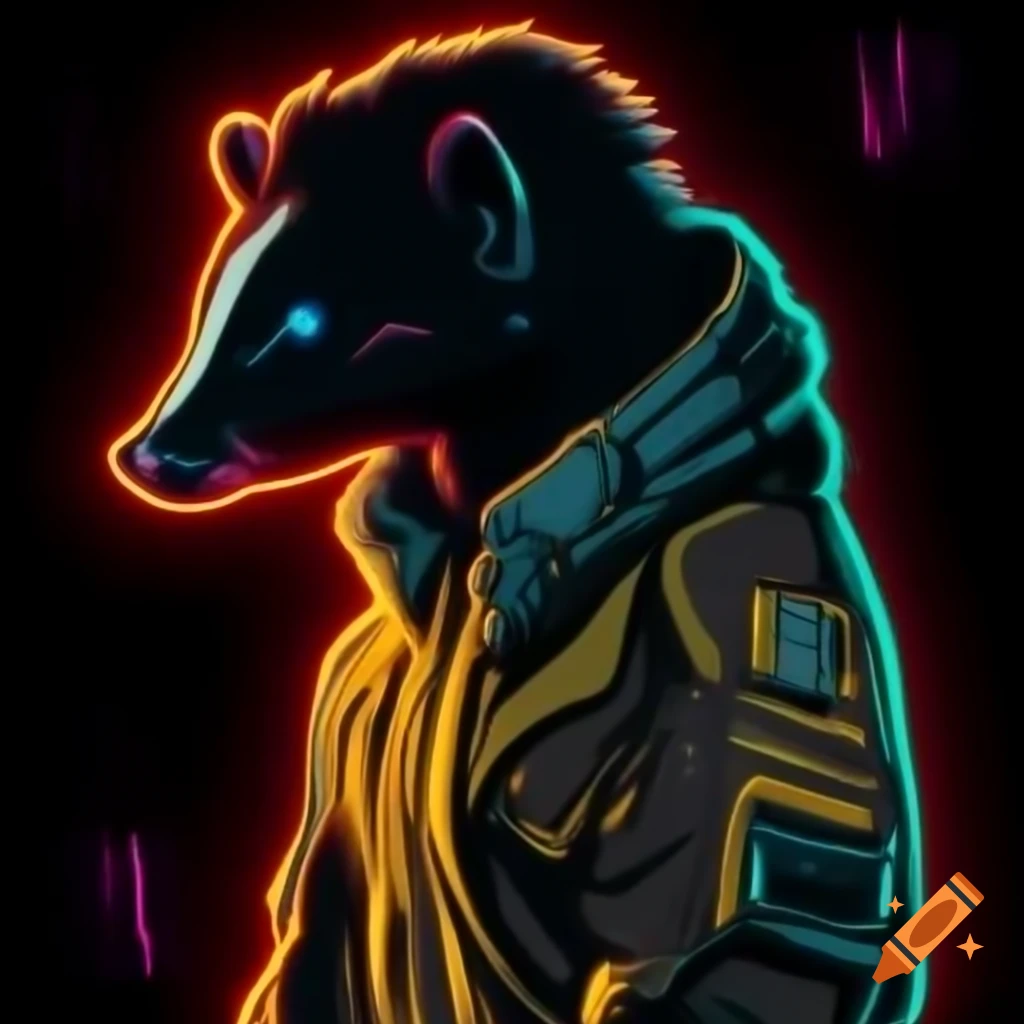 Realistic skunk in futuristic yellow jacket with LEDs in neon dystopian ...