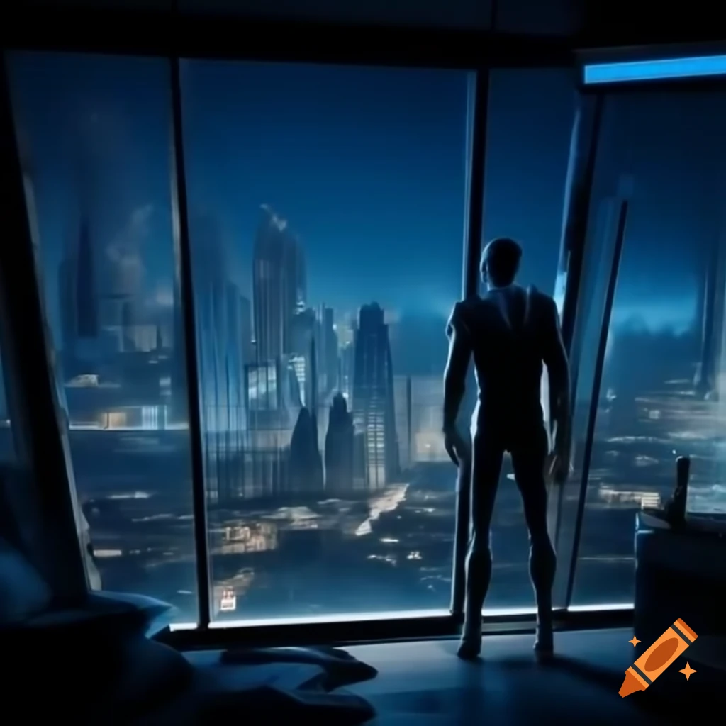 Interior of sci-fi luxury apartment with humanoid looking out at alien ...