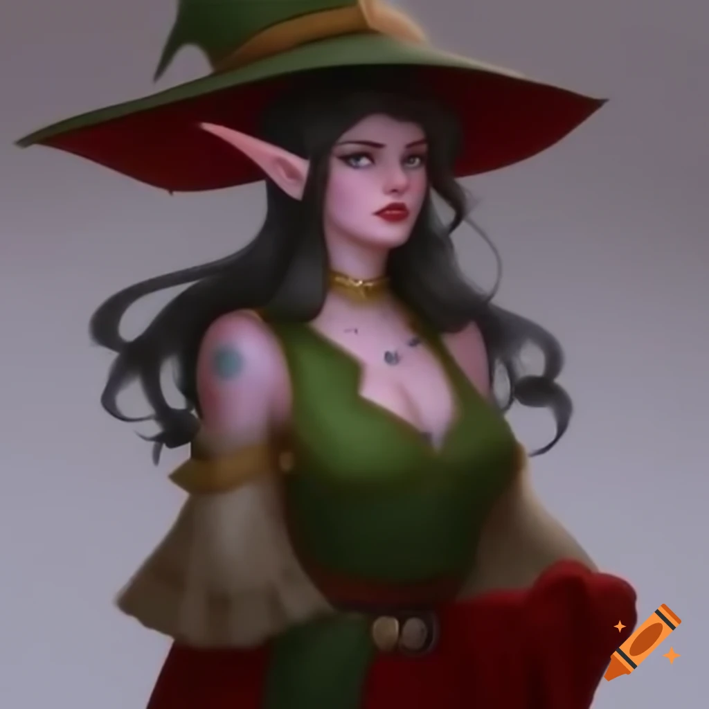 Plus-size elf woman with brunette hair in full-body pose on Craiyon